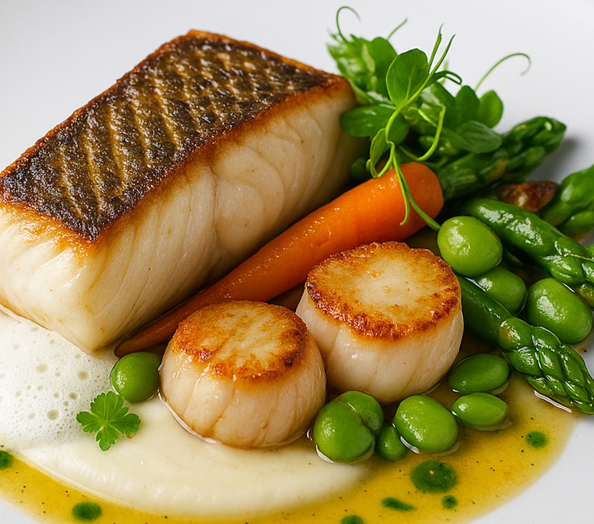 Filete de Mero con Vieiras Braseadas, Puré de Apionabo y Verduritas ...